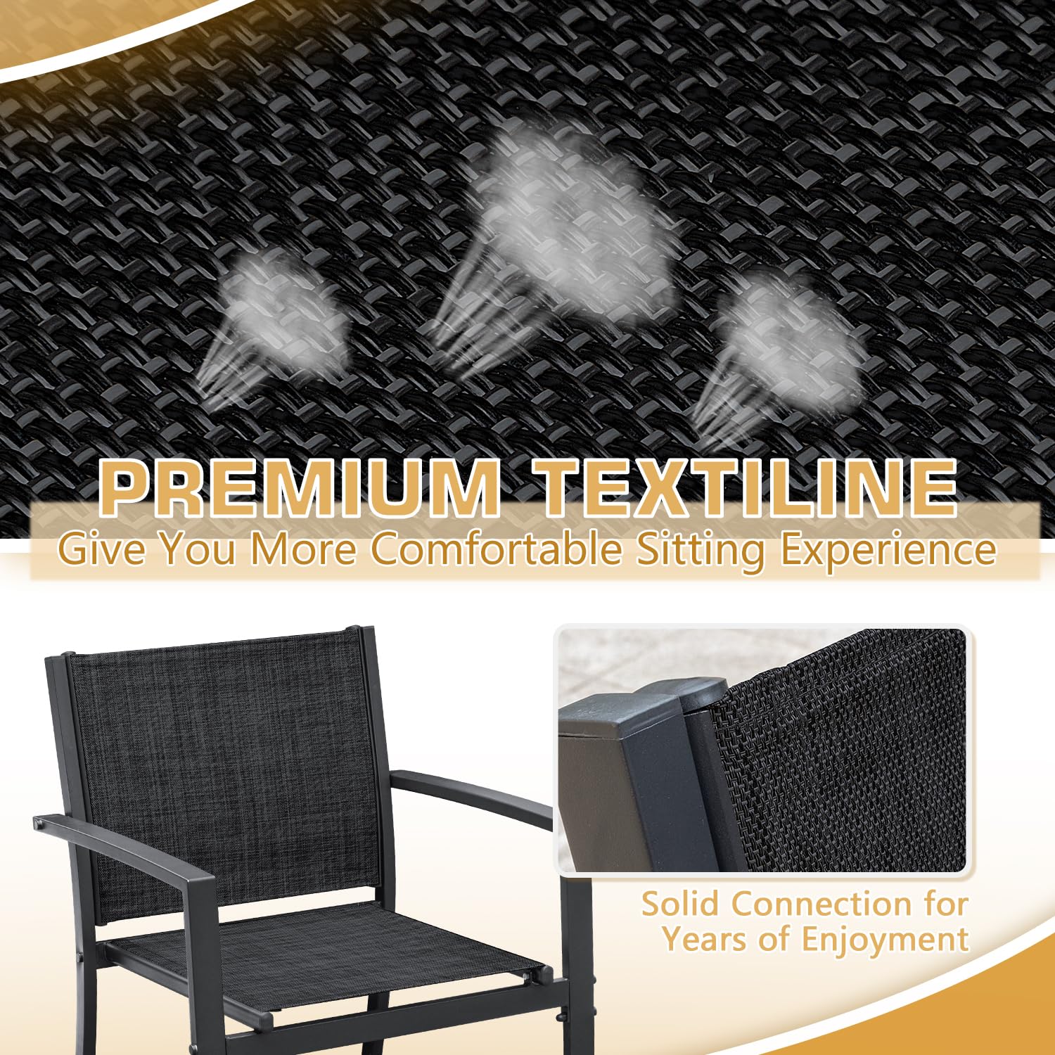 Greesum 4 Pieces Patio Furniture Set Outdoor Conversation Textilene Fabric Chairs for Lawn, Garden, Balcony, Poolside with A Glass Coffee Table, Black