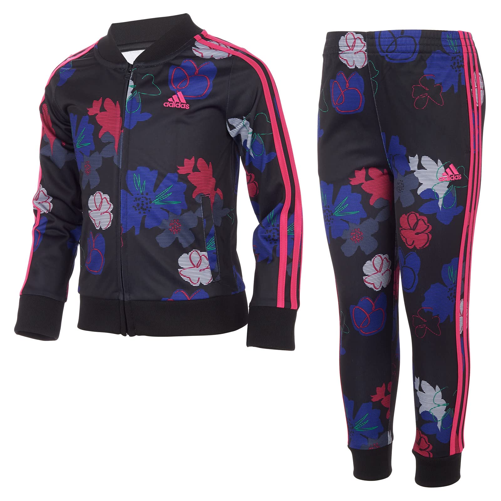 adidas girls Zip Front Classic Tricot Jacket and Joggers Set (6X, Black With Real Pink)