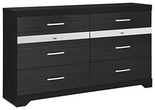 Signature Design by Ashley Starberry Glam 6 Drawer Dresser with Silvertone Glitter Accents & 2 Felt-Lined Jewelry Drawers, Black