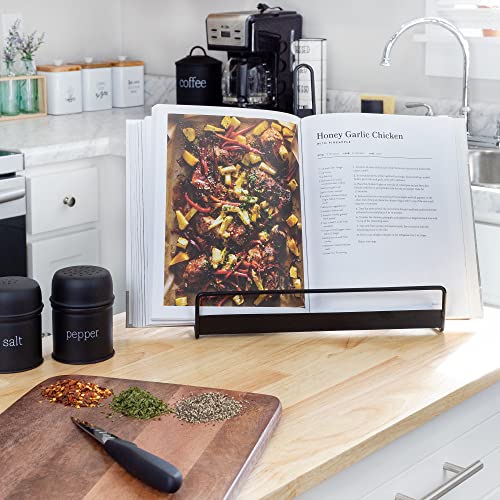 AuldHome Rustic Black Metal Cookbook Stand; Vintage Recipe Holder for Cooking and Baking