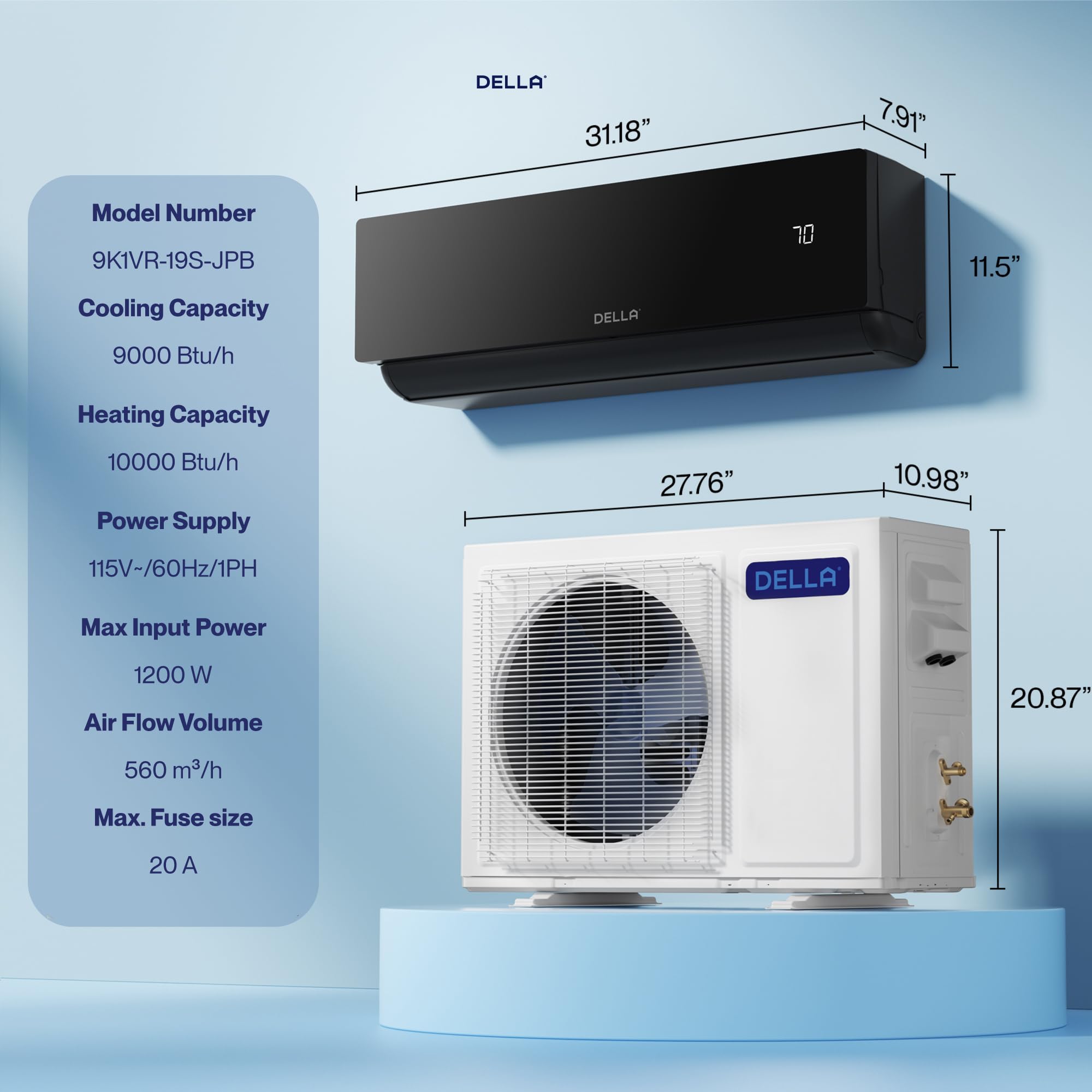 DELLA Umbra Series 12000 BTU Wifi Enabled Mini Split Air Conditioner Ductless Inverter System, 17 SEER2 110-120V Energy Efficient Unit w/ 1 Ton Heat Pump, Cools Up to 550 Sq. Ft. (Black Series)