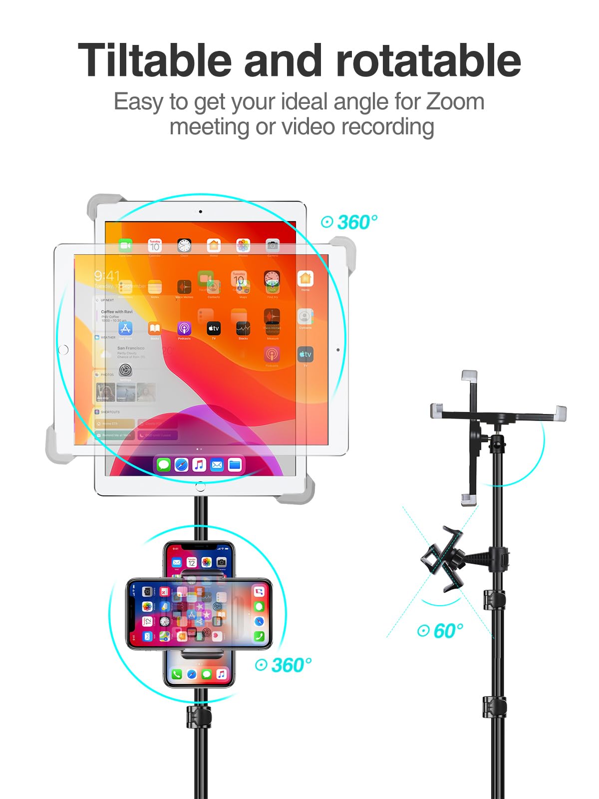 elitehood iPad Tripod Stand, Aluminum Alloy iPad Stand, 360 Rotation Adjustable Height iPad Stand Holder for Floor, Universal Compatible with iPad Mini, iPad Air, iPad and All 7.9-11 Inch Tablet