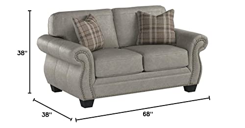 Signature Design by Ashley Olsberg Faux Leather Loveseat with Nailhead Trim and 2 Accent Pillows, Gray