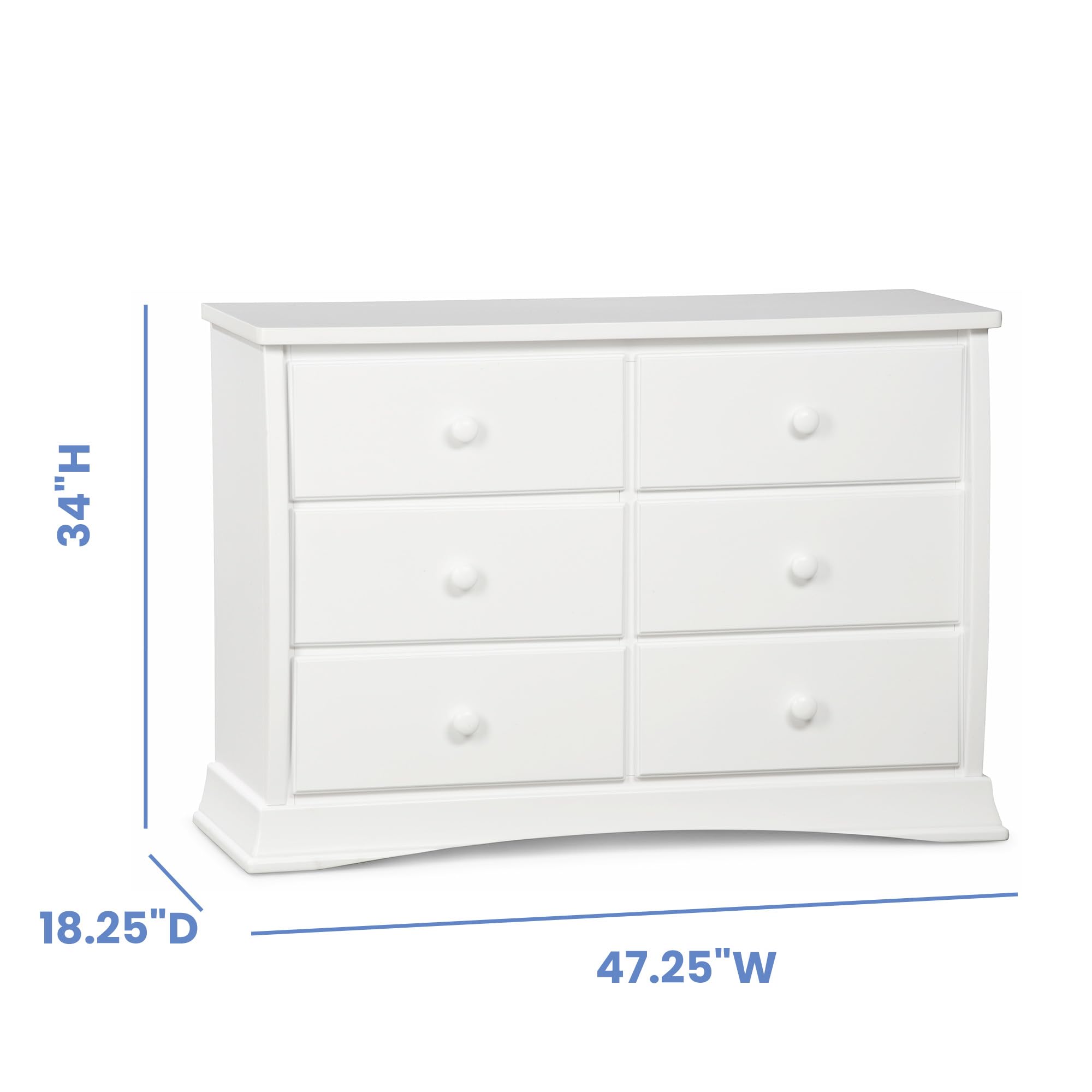 Delta Children Bentley Six Drawer Dresser, White, 49" width x 19" depth x 33.50" height