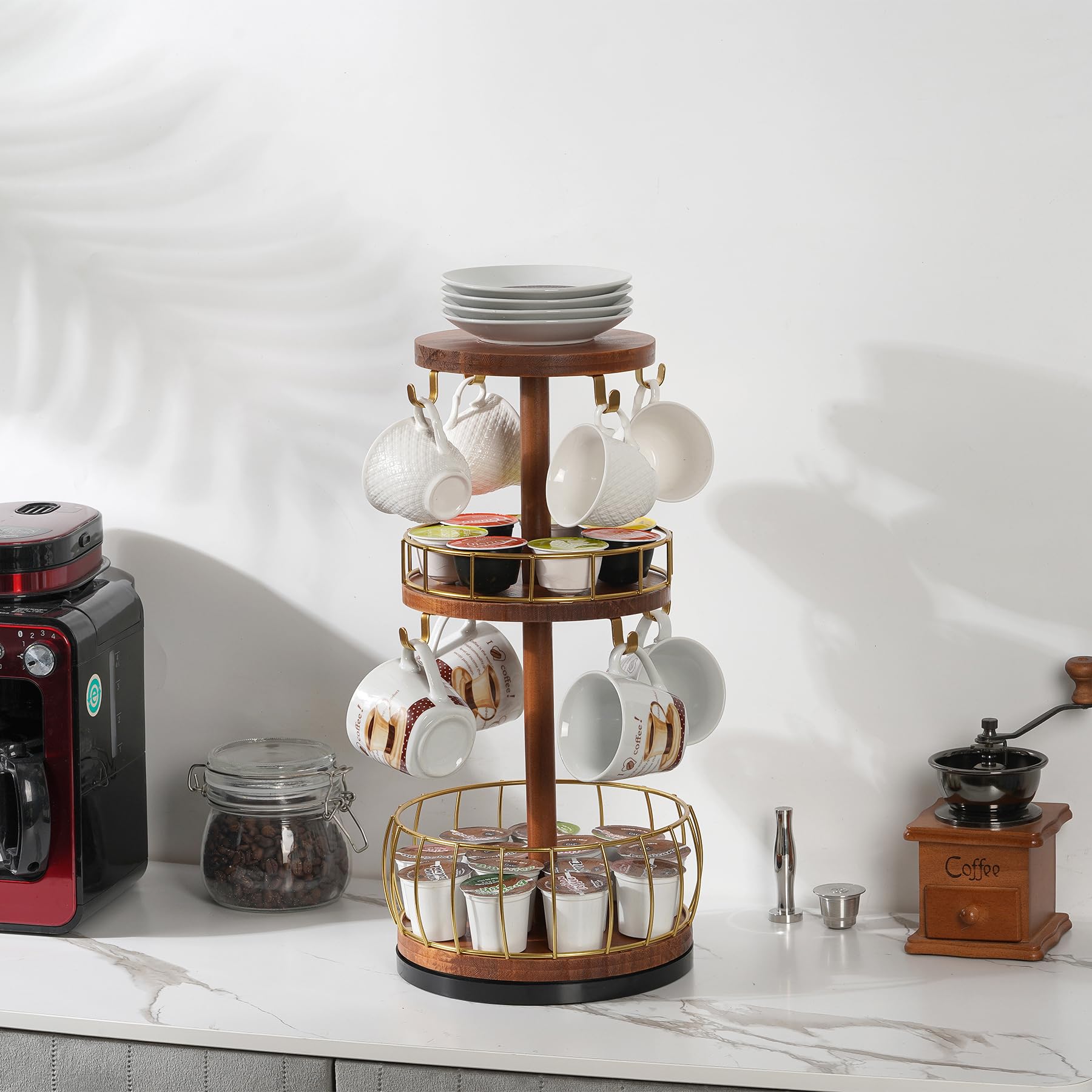 TRSPCWR Mug Tree Countertop, Rotatable Coffee Mug Rack Holder, 3 Tiers Coffee Cup Holder with 8 Mug Hooks, Coffee Pod Holder with Cup Pods & Saucer Basket Storage for Coffee Bar Kitchen Counter
