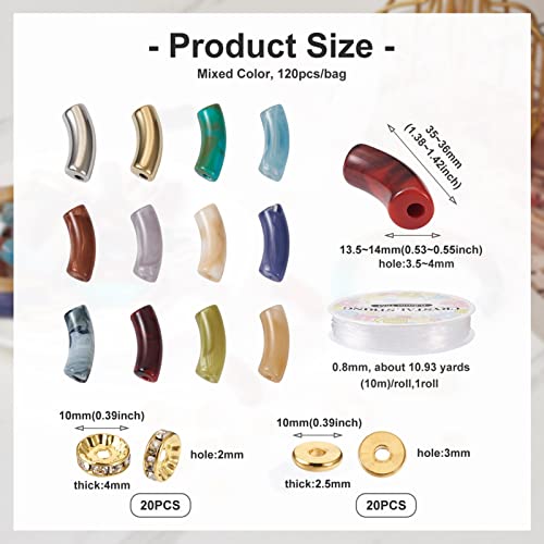 Boutigem 120pcs Chunky Curved Tube Acrylic Beads Imitation Gemstone Loose CCB Plastic Beads Rhinestone Spacer Beads Elastic Thread DIY Stacking Stretch Bracelet Bangle Making Kit