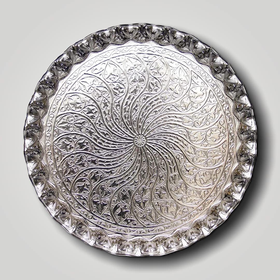 Alisveristime Turkish Ottoman Coffee Tea Serving Tray β 11.8 Inches, Wavy Zamac Tray with Traditional Motifs, Available in Five Color Variations (Silver)
