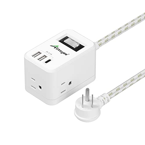 Alitayee Power Strip with USB,Travel Power Strip with 3 Outlets 3 USB Ports(Type-C and 2 Type-A) 5V 3.1A 15.5W Fast Charging,Flat Plug and 5ft Braided Extension Cord for Travel Home Office ETL Listed