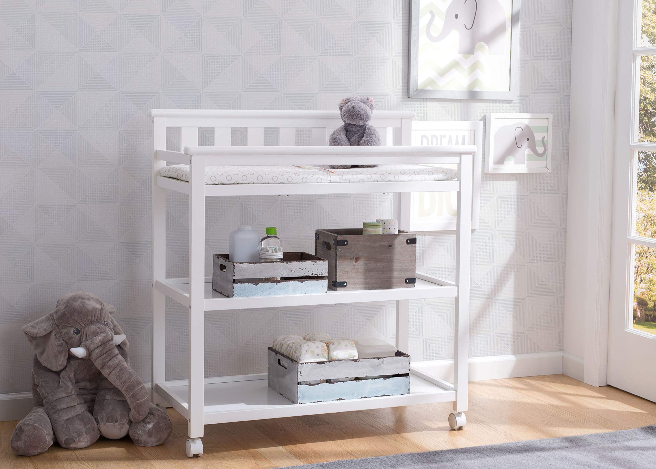 Delta Children Flat Top Changing Table with Casters, Bianca (White) and Waterproof Baby and Infant Diaper Changing Pad, Beautyrest Platinum, White