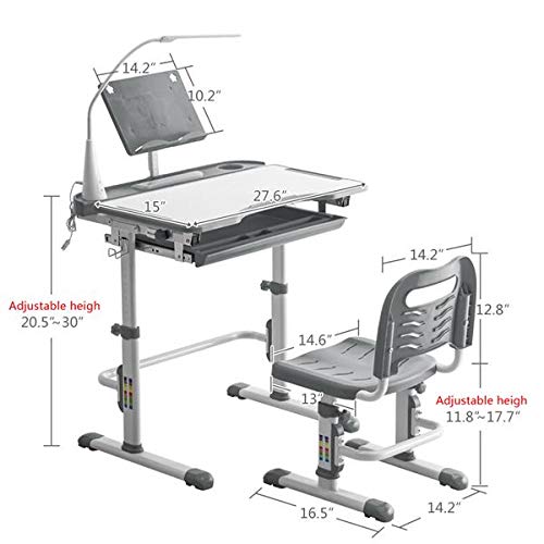 Kids Desk and Chair Set,Height Adjustable Ergonomic Children Sturdy Table with Drawer,Light,Metal Hook and Tilt Desktop for Boys Girls (Gray)