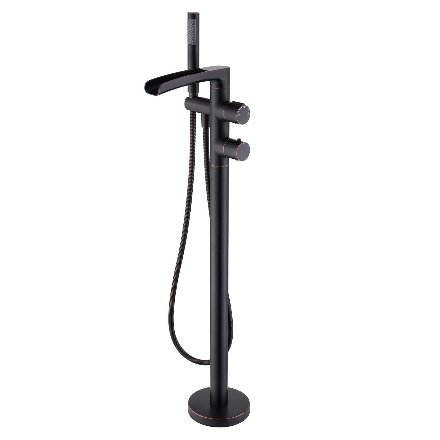 Qinkell Thermostatic Freestanding Tub Filler Floor Mount Waterfall Bathtub Faucet Oil-Rubbed Bronze Bathroom Taps with Handheld Shower