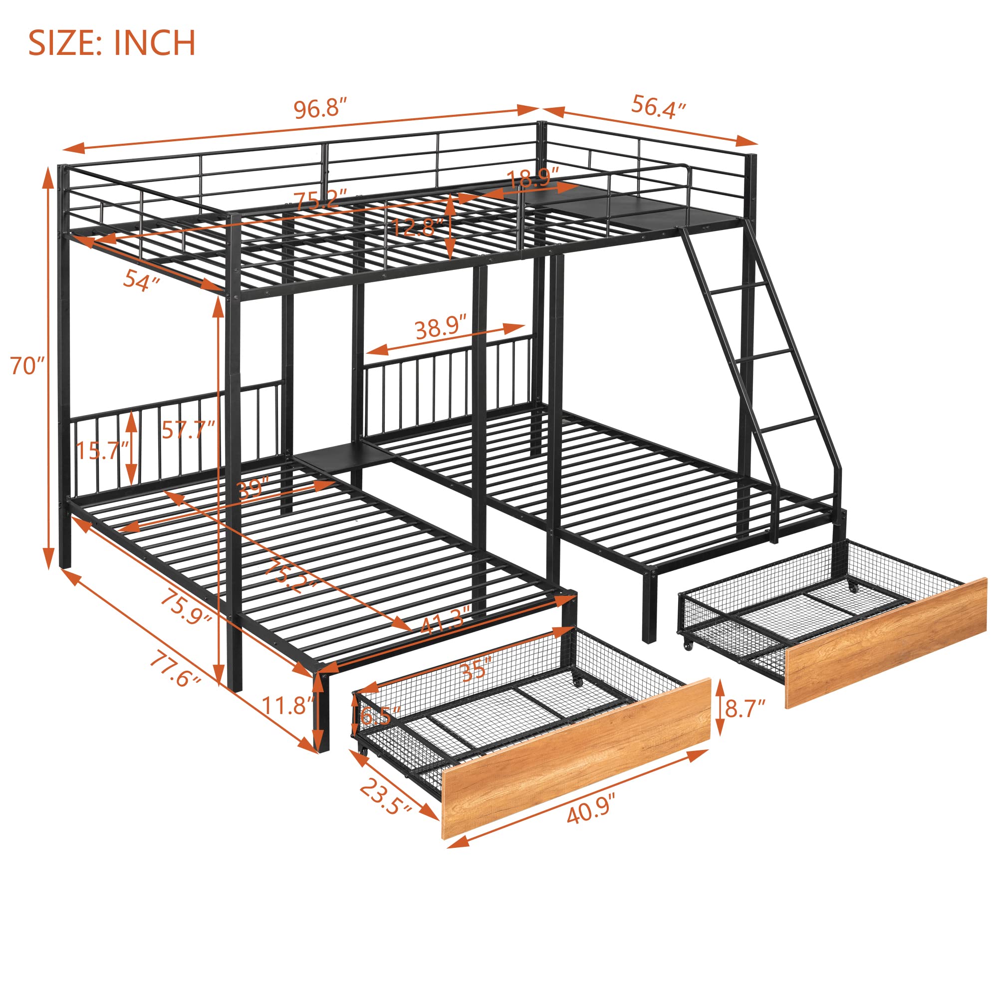 Triple Bunk Bed Metal Full Over Two Twin Beds with Storage Drawers and Shelf Detachable 3 Bed Bunk Bed Frame with Ladder for Kids Boys Girls Teens, Can Bed Divided into Three Separate Beds, Black