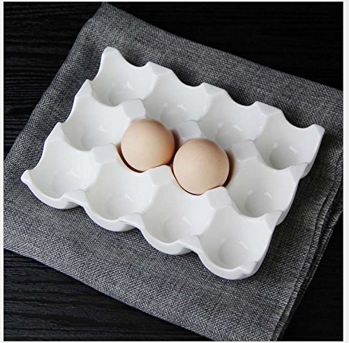 Leoyoubei Pretty Ceramic Egg Plate,7.5X5.5X1.5 Kitchen Restaurant Fridge Storage and Cookable Egg Porcelain Decorative Crate White (12 Cups Egg Holder)