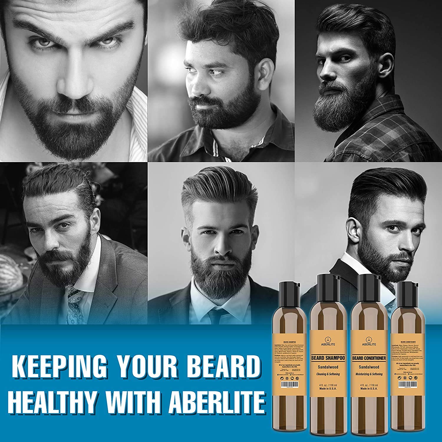 Aberlite Beard Wash Shampoo And Conditioner (Sandalwood) - 4Oz (Pack Of Two) Beard Care Kit For Men Beard Wash And Conditioner For Men