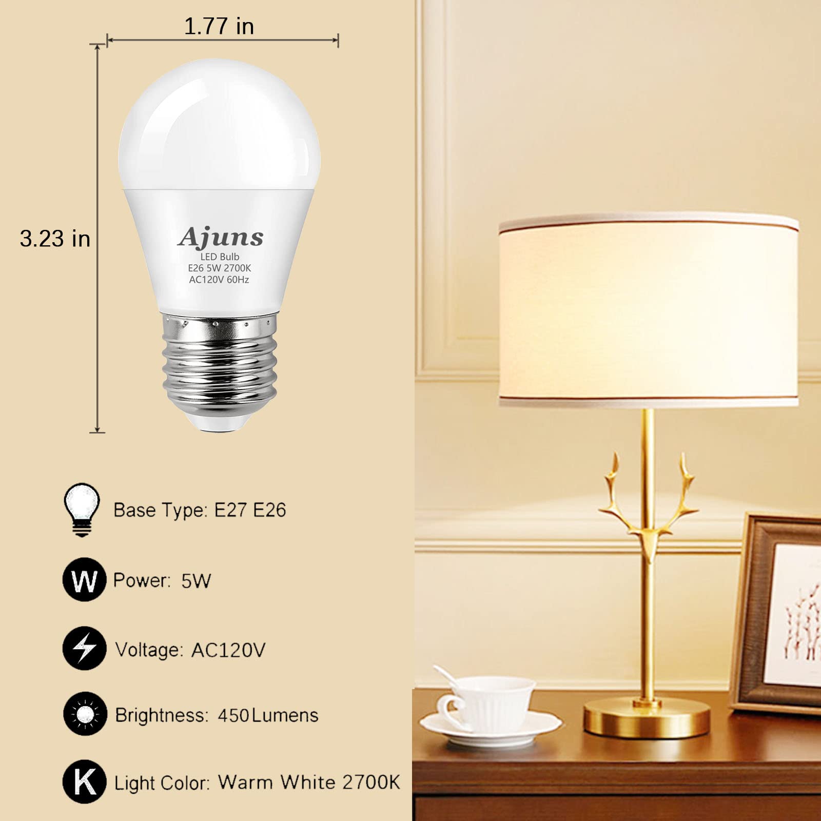 Ajuns LED Bulb 5W Equivalent 40W 120V Light Bulb Ceiling Fan Light Bulbs, Warm White 2700K A15 LED Energy Saving Bulb, E26 Base, Suitable Domestic Bulb,Not Dimmable 4 Pack