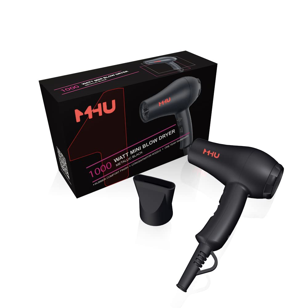 Travel Mini Hair Dryer Ceramic Ionic 1000 Watts Blow Dryer for RV Lightweight 2 Speed Settings with a Concentrator, Black