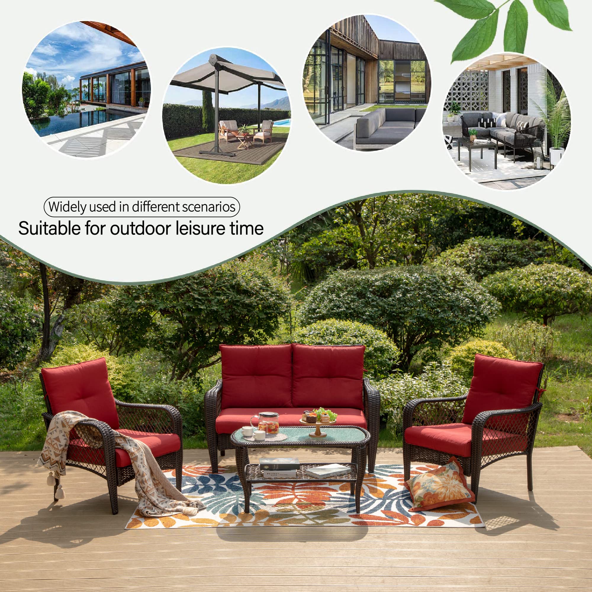PHI VILLA 4 Piece Outdoor Wicker Patio Furniture Sets Clearance, Patio Wicker Conversation Sets All Weather Rattan Wicker Sofa with Cushions for Garden Lawn Deck, Brown & Red