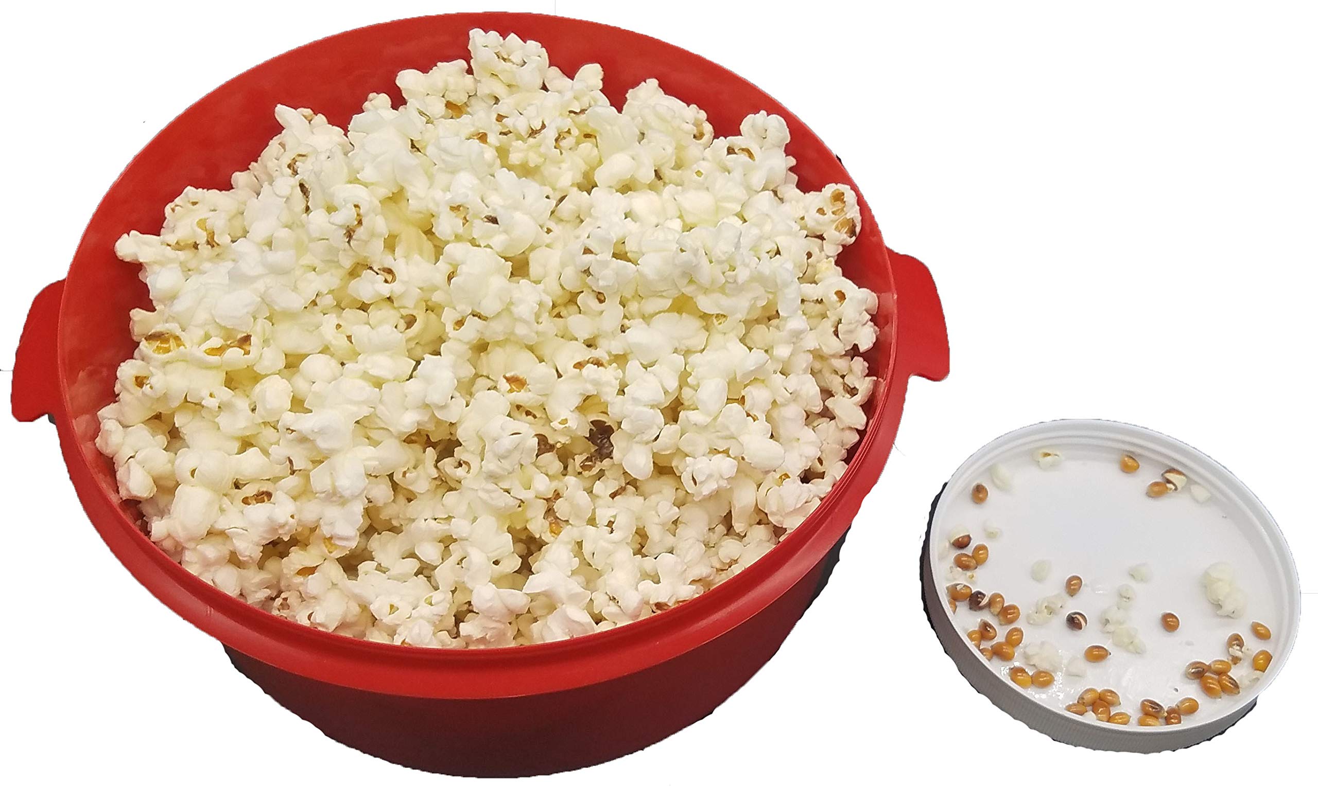 APSI Store Kernel Katcher Popcorn Bowl Set - Popcorn Bowl Strainer Sifter Shaker Kernel Catcher and Separator, Large and Reusable With Lid, Dishwasher Safe, Recycled Plastic with Handle (Red)