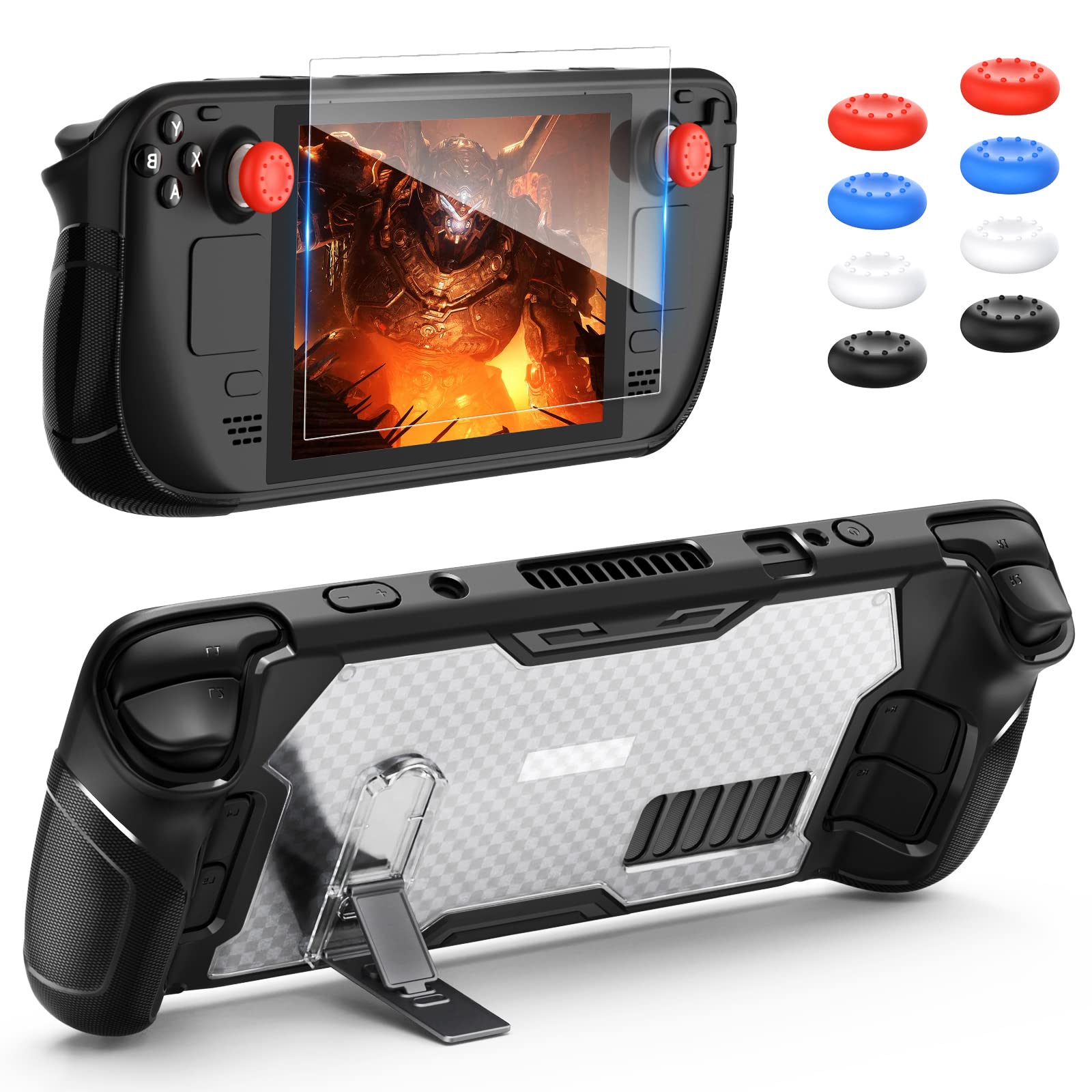 Adjustable Kickstand Case for Steam Deck/OLED with Screen Protector, [Military Grade Protective], Clear Cover Accessories Kit with 8 Thumb Grips, Black