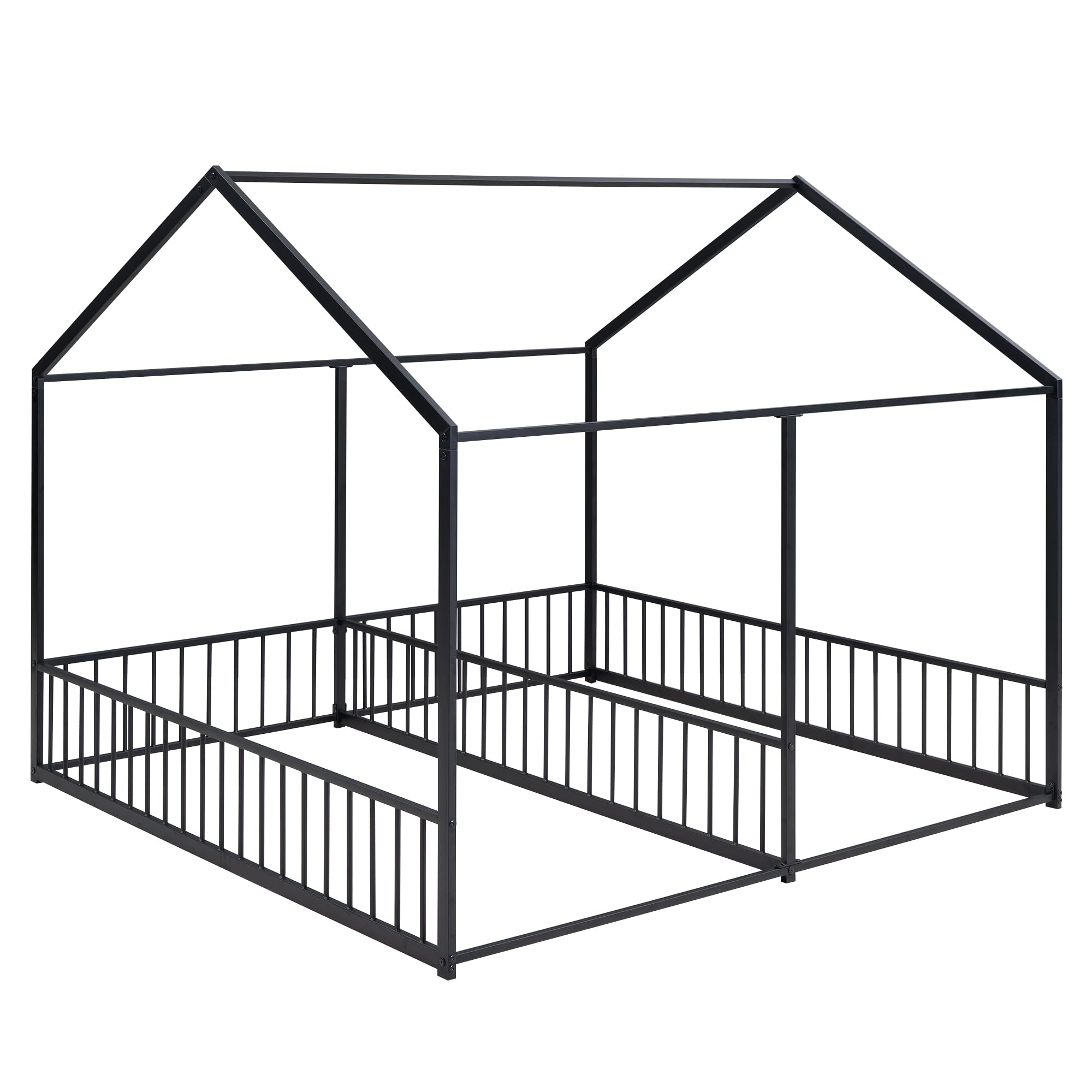 Double Floor Bed for Twins,Twin Size House Bed for 2 Kids,Two Shared Beds,Twin House Platform Beds,Metal Floor Bed Frame with Rails for Girls,Boys(Black)