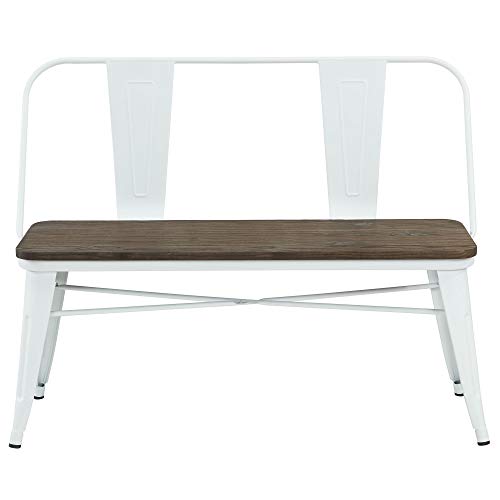 Whi Rustic Industrial Metal & Solid Wood Back in White Bench