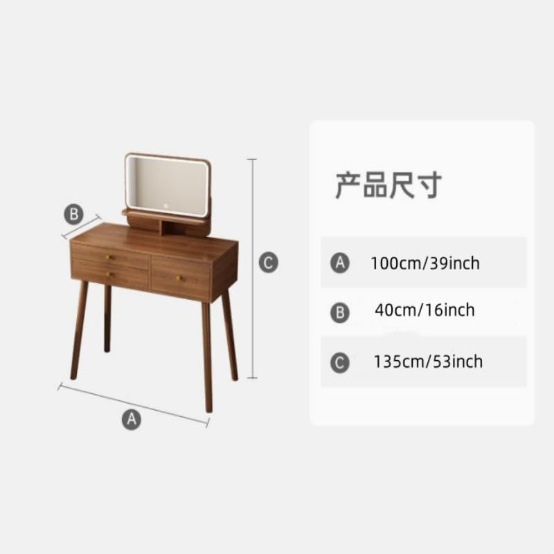 Aeumruch Walnut Vanity Desk,with 3 Level LED Light and 3 Drawers ,2 Shevels,The Best Choice for Small Space Bedrooms (with LED Light, 39.4inch)