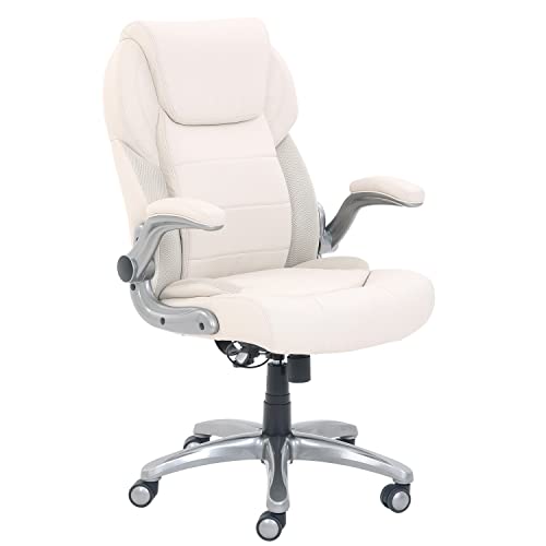 AmazonCommercial Ergonomic High-Back Bonded Leather Executive Chair with Flip-Up Arms and Lumbar Support, Cream