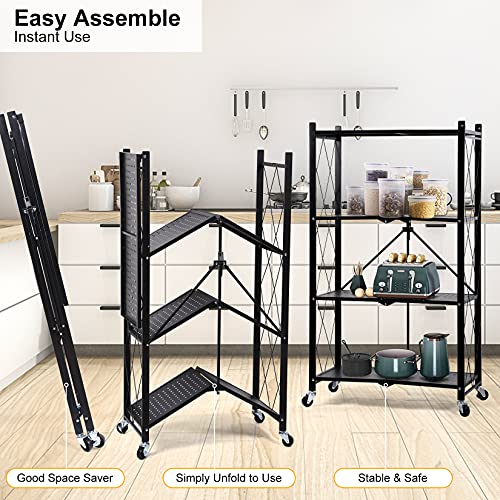 Simple Deluxe 4-Tier Heavy Duty Foldable Metal Rack Storage Shelving Unit with Wheels Moving Easily Organizer Shelves Great for Garage Kitchen Holds up to 1000 lbs Capacity, Black, 1-Pack