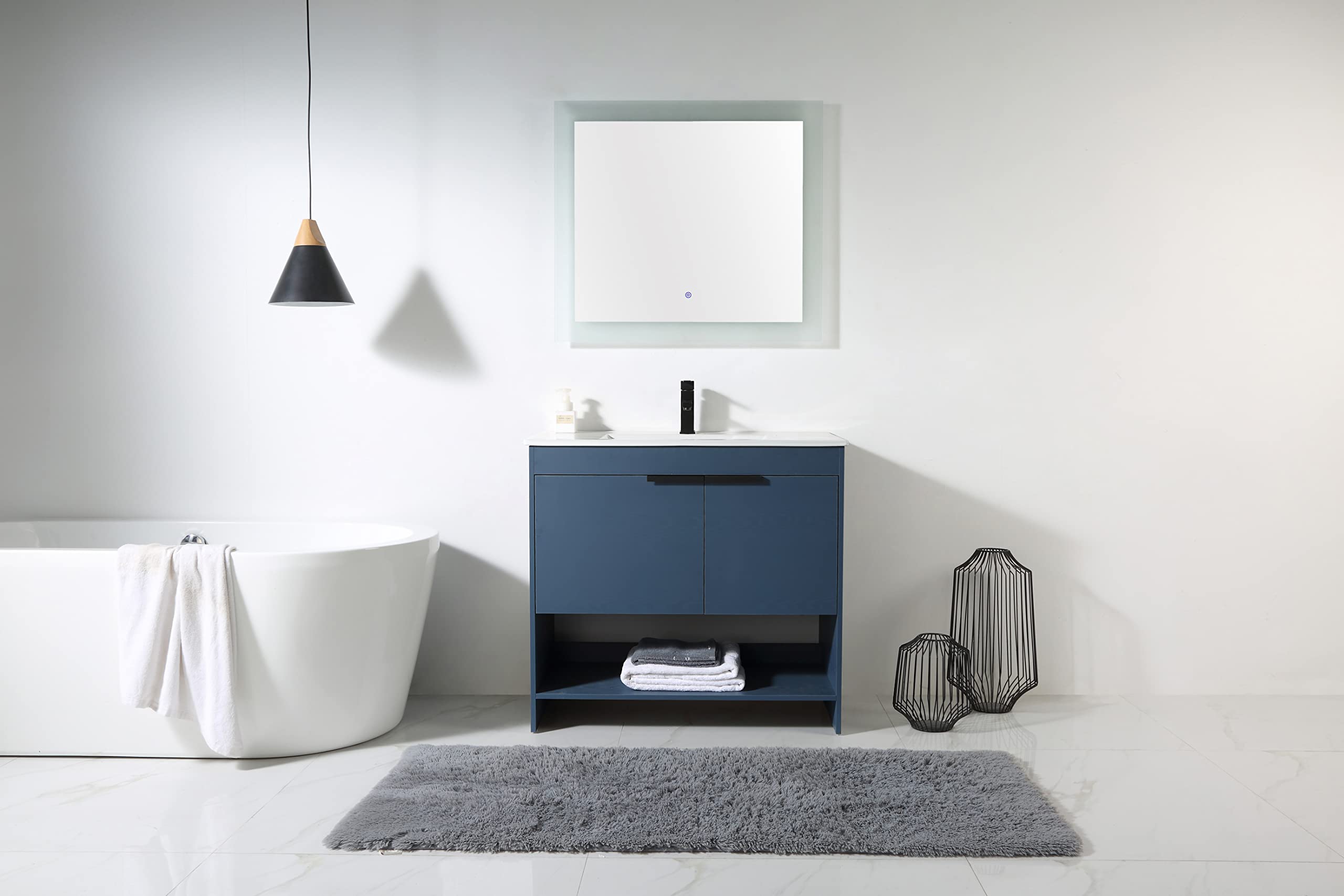 Fine Fixtures Bathroom Vanity with Integrated Ceramic Sink - Bathroom Vanity with Sink & Modern Knob Design - Bathroom Vanities with Sturdy Marble Top & Soft Closing Doors (36 Inch) Navy Blue