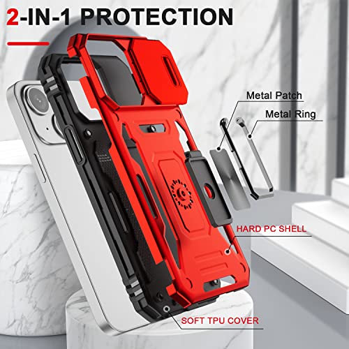 AUPAI iPhone 13 Case with Camera Cover,iPhone 13 Cover with Screen Protector Heavy Duty Military Grade Protective Phone Case with Kickstand for Apple iPhone 13 Red