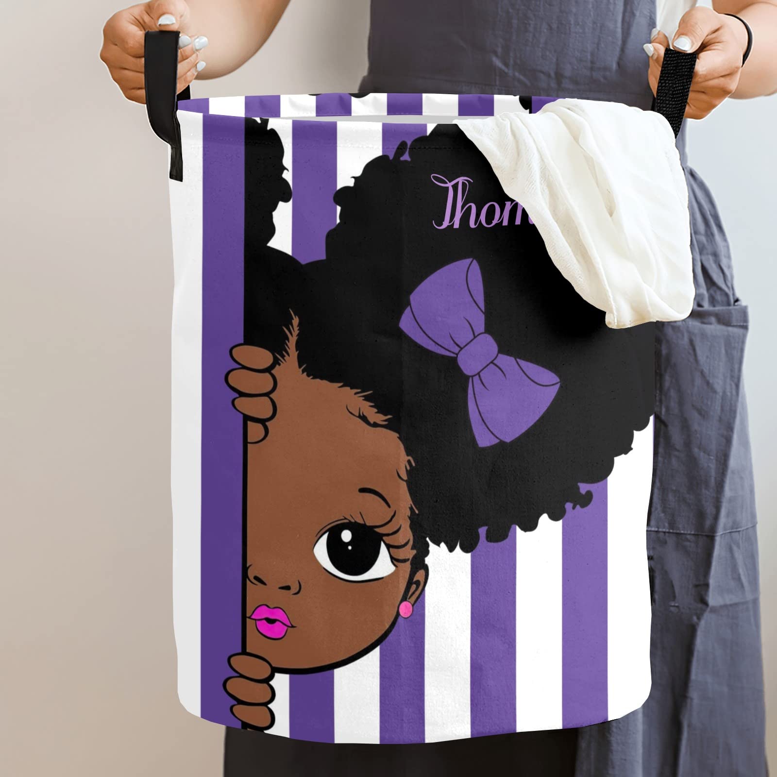 African Girl Violet Personalized Laundry Hamper,Custom Name Collapsible Waterproof Laundry Basket Storage Bins with Handle for Clothes,Toy,Nursery