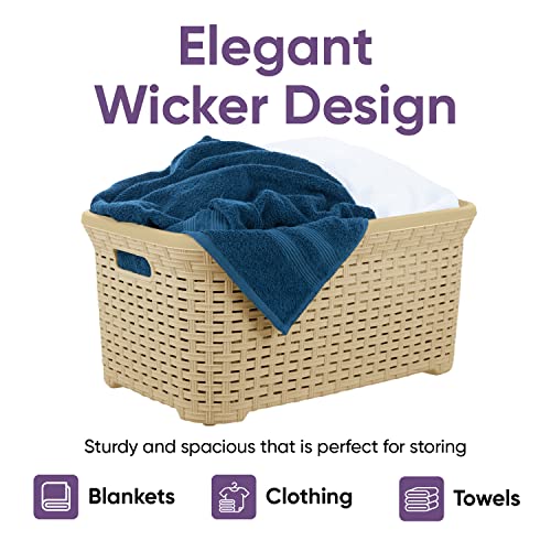 Designed Laundry Basket Plastic Storage Hamper Basket, Beige Cloths Basket Organizer with Cut-Out Handles. Space Saving for Laundry Room Bedroom Bathroom, Wicker Design 50 Liter