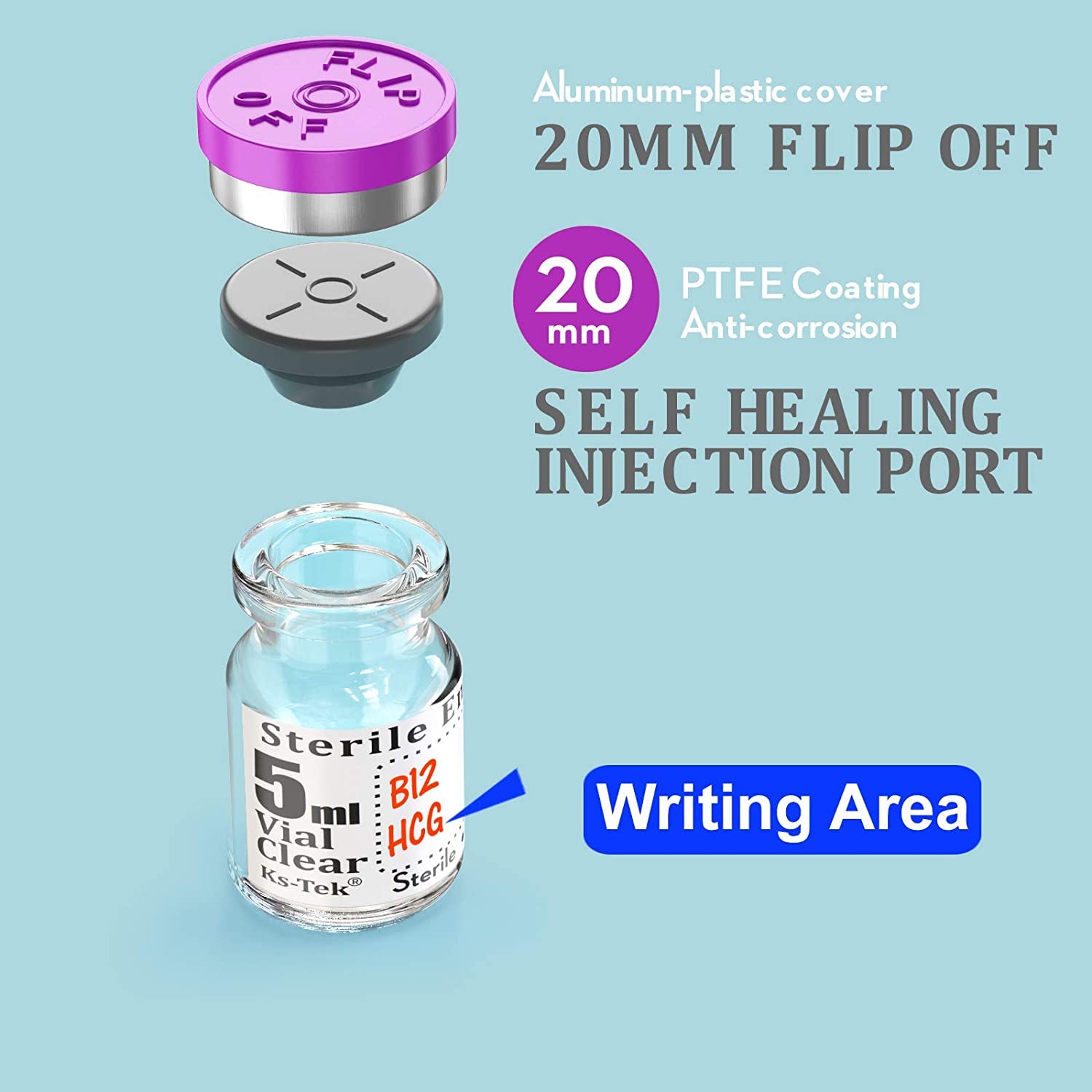 Biocomma 10pcs 5ml Sterile Empty Vial with Plastic Aluminum Flip Off Caps,Penicillin Bottle 20mm Crimp Top Sterile Transparent Borosilicate Lab Sample Vial (Transparent)