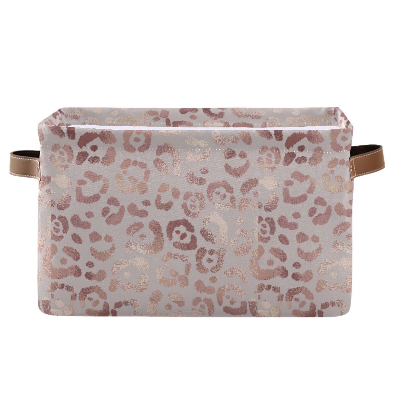 ALAZA Leopard Print Cheetah Rose Gold Large Storage Basket with Handles Foldable Decorative 1 Pack Storage Bin Box for Organizing Living Room Shelves Office Closet Clothes