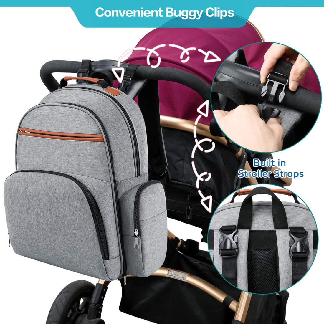 Abonnyc Diaper Bag Backpack Waterproof Diaper Backpack Nappy Tote Bags Large Capacity Fit Stroller,Unisex and Stylish,Gray