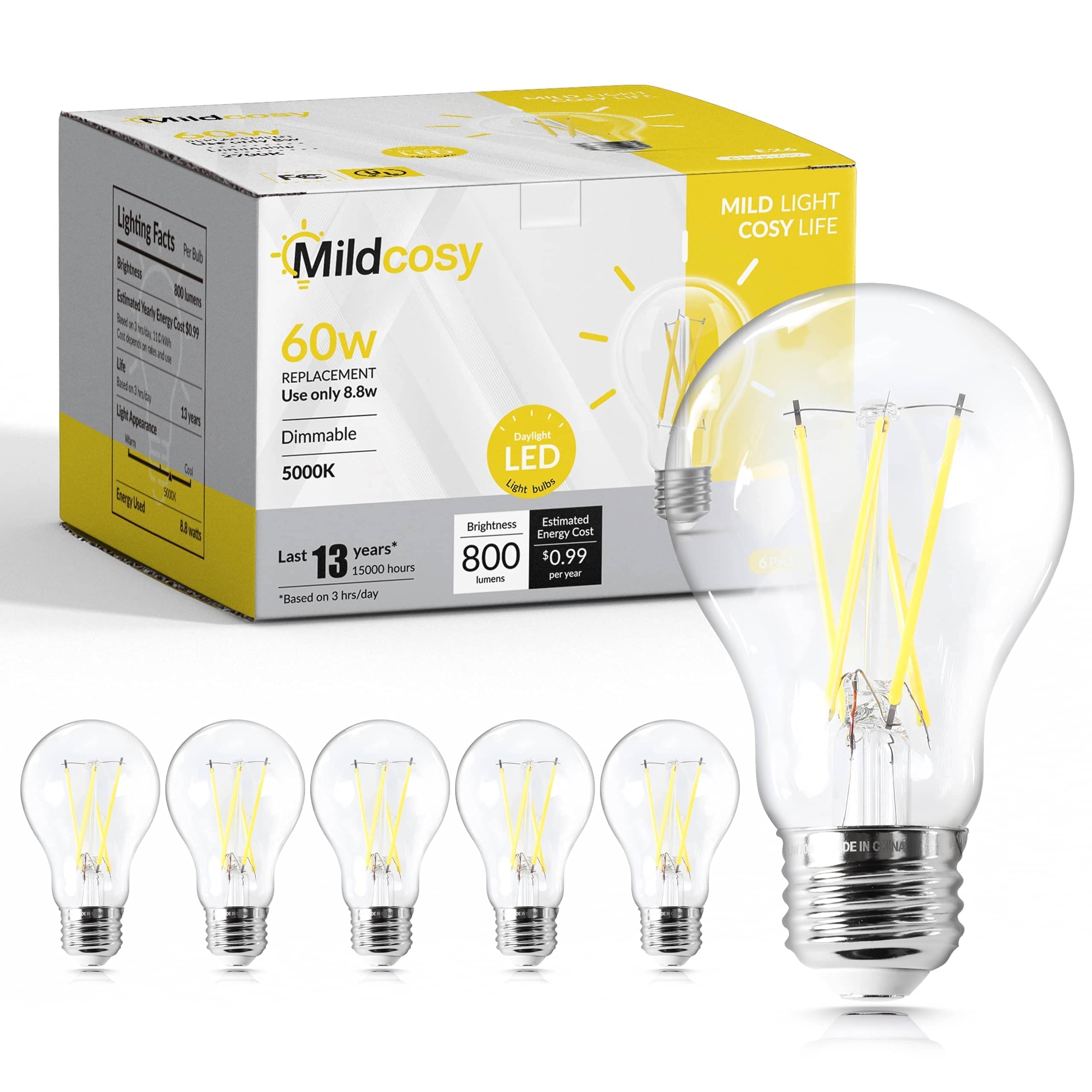 A19 Dimmable LED Light Bulbs, 60 Watt Equivalent, 5000K Daylight White, E26 Base, 8.8 Watt 800 Lumens 120V, 13 Years Lifespan, UL Listed FCC Certified, No Flicker, 6 Pack