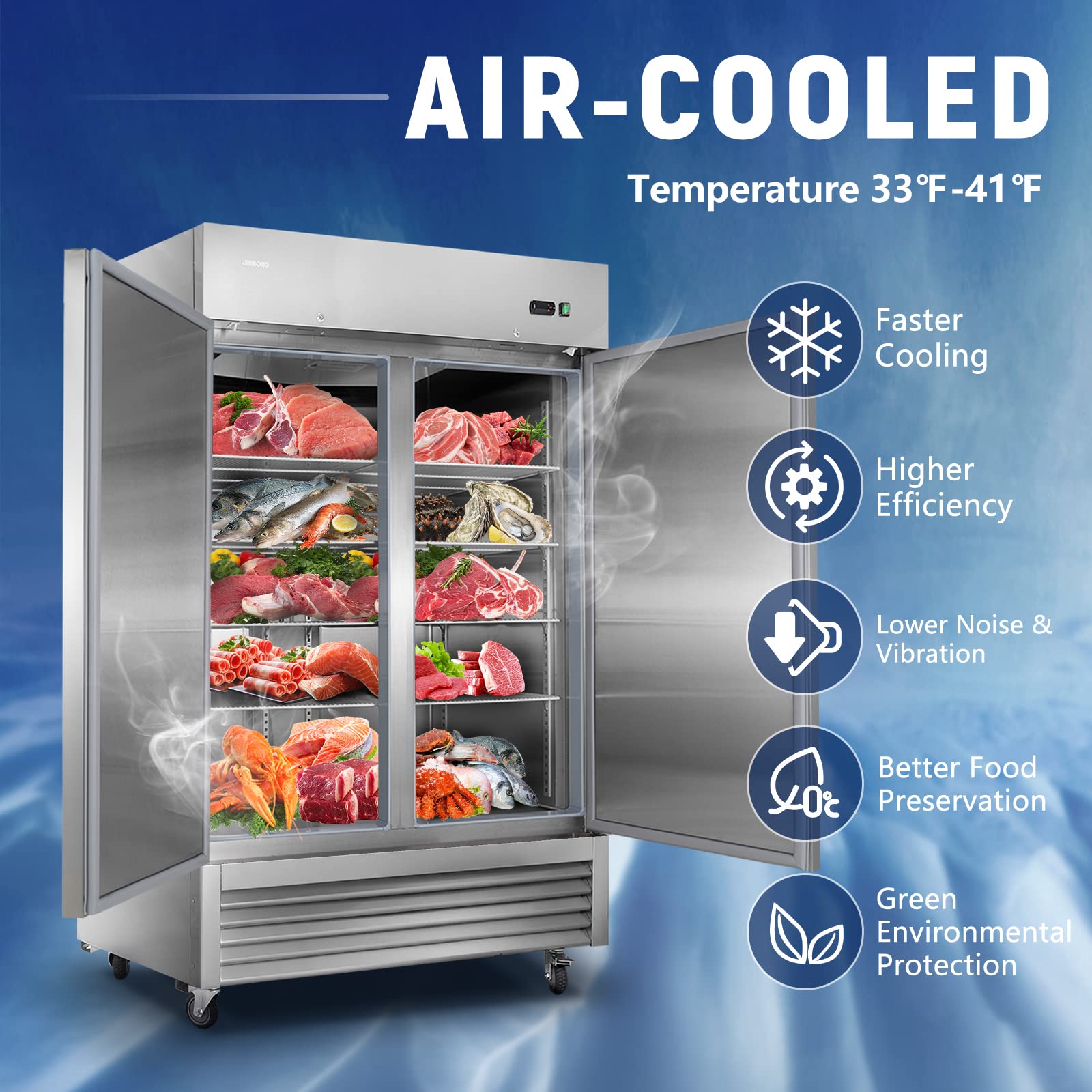 JINSONG 54" Commercial Refrigerator 2 Solid Door, 49 cu.ft 2 Section Stainless Steel Reach-in Refrigerator for Restaurant, Bar, Shop, Residential