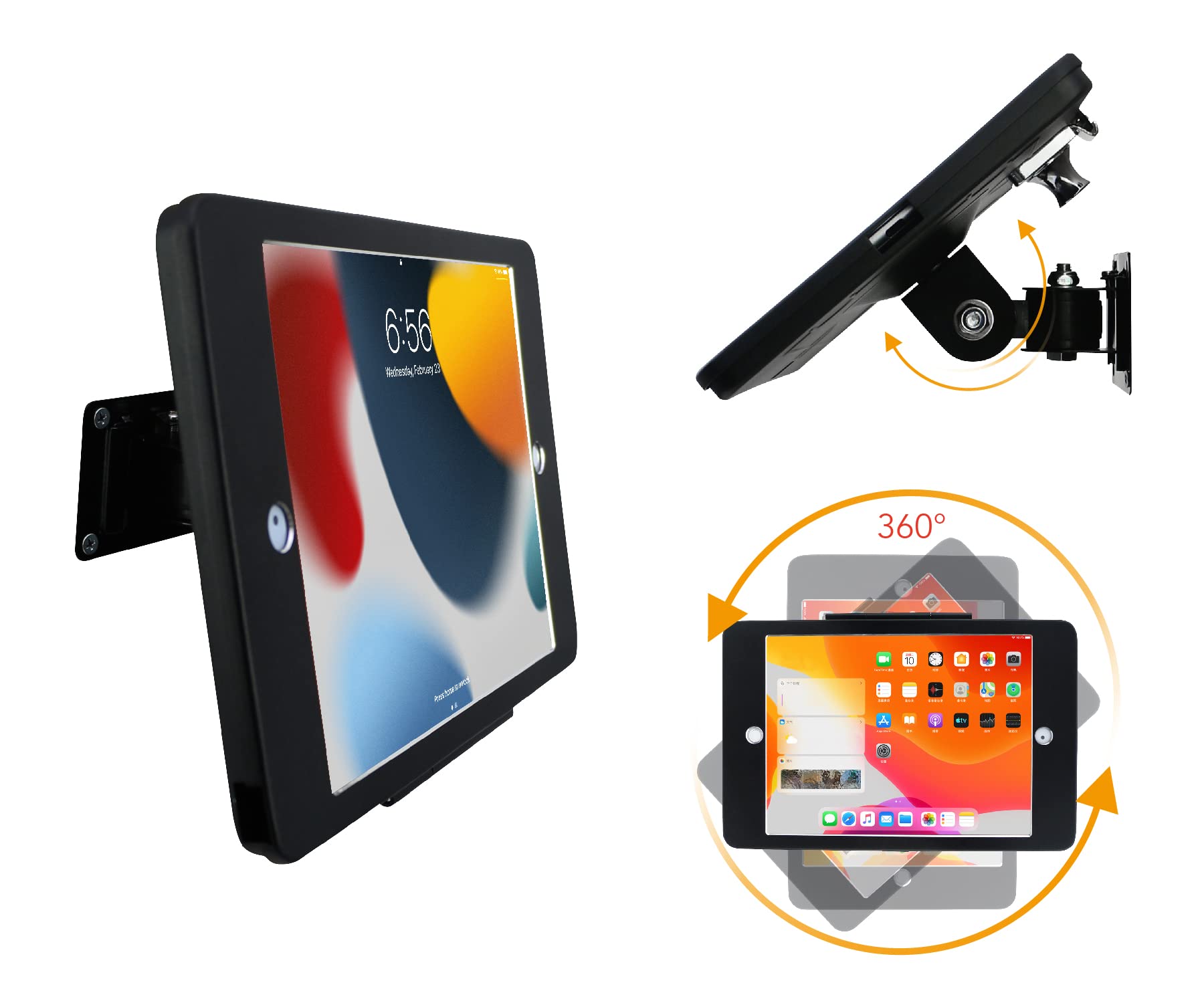 DDSHOW On Wall Mount Metal Bracket for iPad 10.2-Inch (Gen. 9th,8th,7th),with Anti Theft Security Lock&Key, Rotate Design Arbitrary Adjustment,Multi Angle,Metal,Screw Fixing,Black