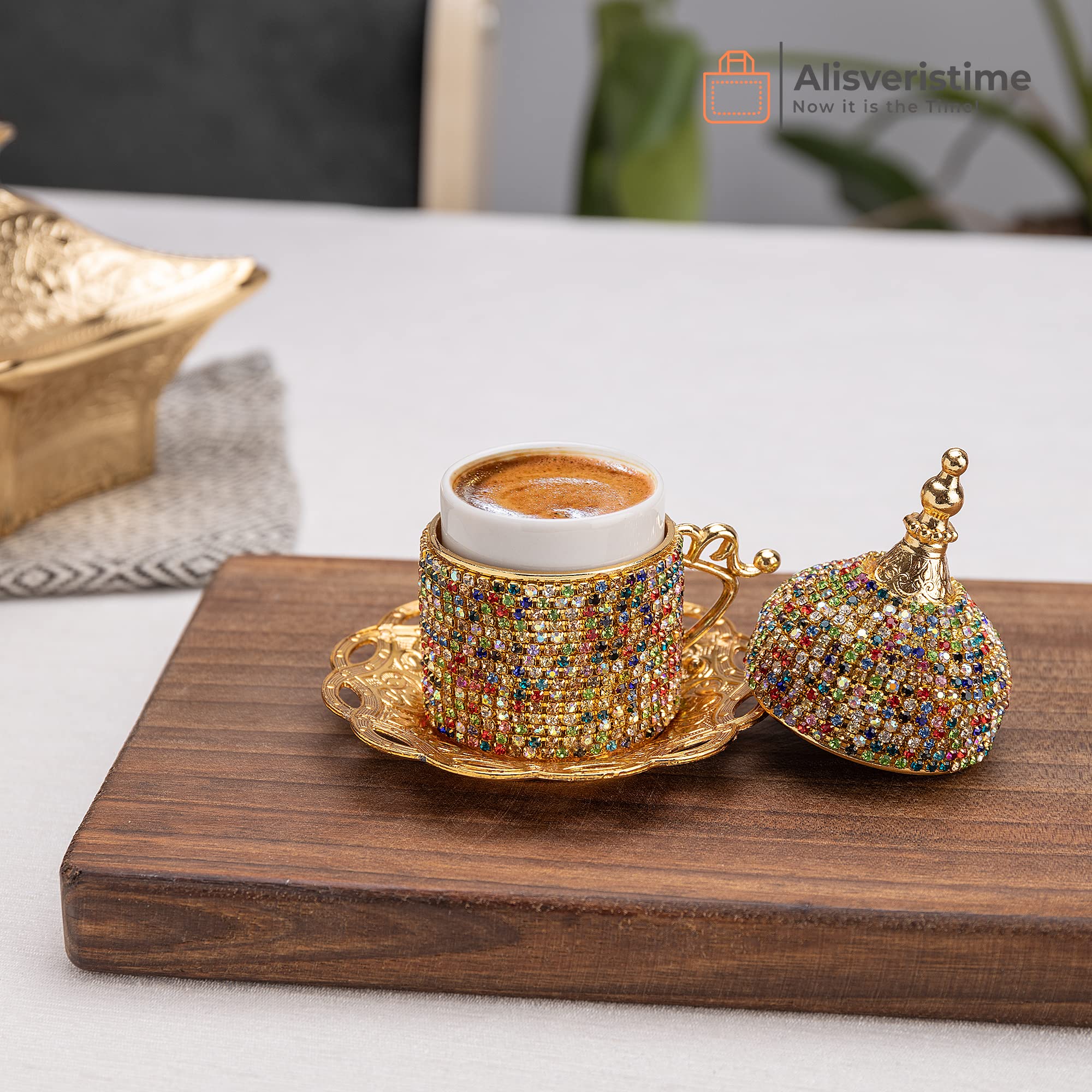 Alisveristime Crystal Embellished Turkish Coffee Set – 27 Pieces – Decorative Zamac Espresso Cups, Saucers and Sugar Bowl with Tray – Available in Three Color Variations (Multi)