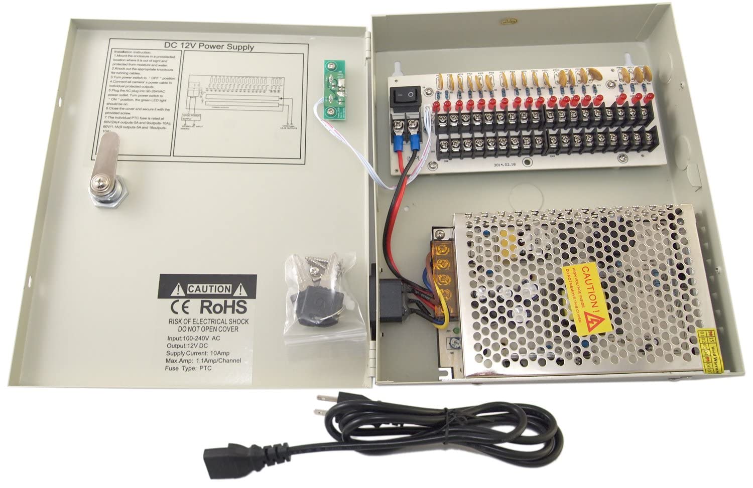 Evertech 16 Channel 12 Volt DC Output CCTV Distributed Power Supply Box for Security Camera with 18 Pcs. DC Male Pigtail