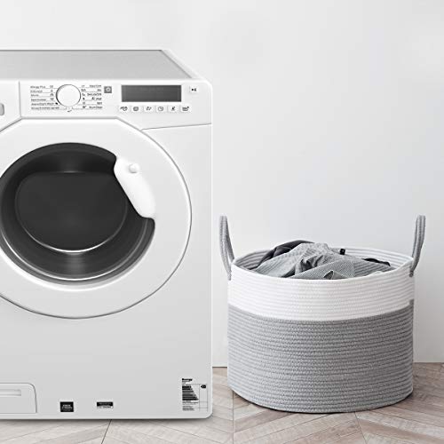 YOUDENOVA Cotton Rope Woven Laundry Basket, 70L Large Dirty Clothes Hamper with Handles for Bedroom, Bathroom, Nursery (Grey & White)