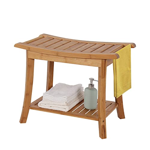 Kinfant Bathroom Bamboo Shower Bench - Spa Bath Shower Stool with Storage Shelf, Wooden Seat for Inside Shower (Style 1)