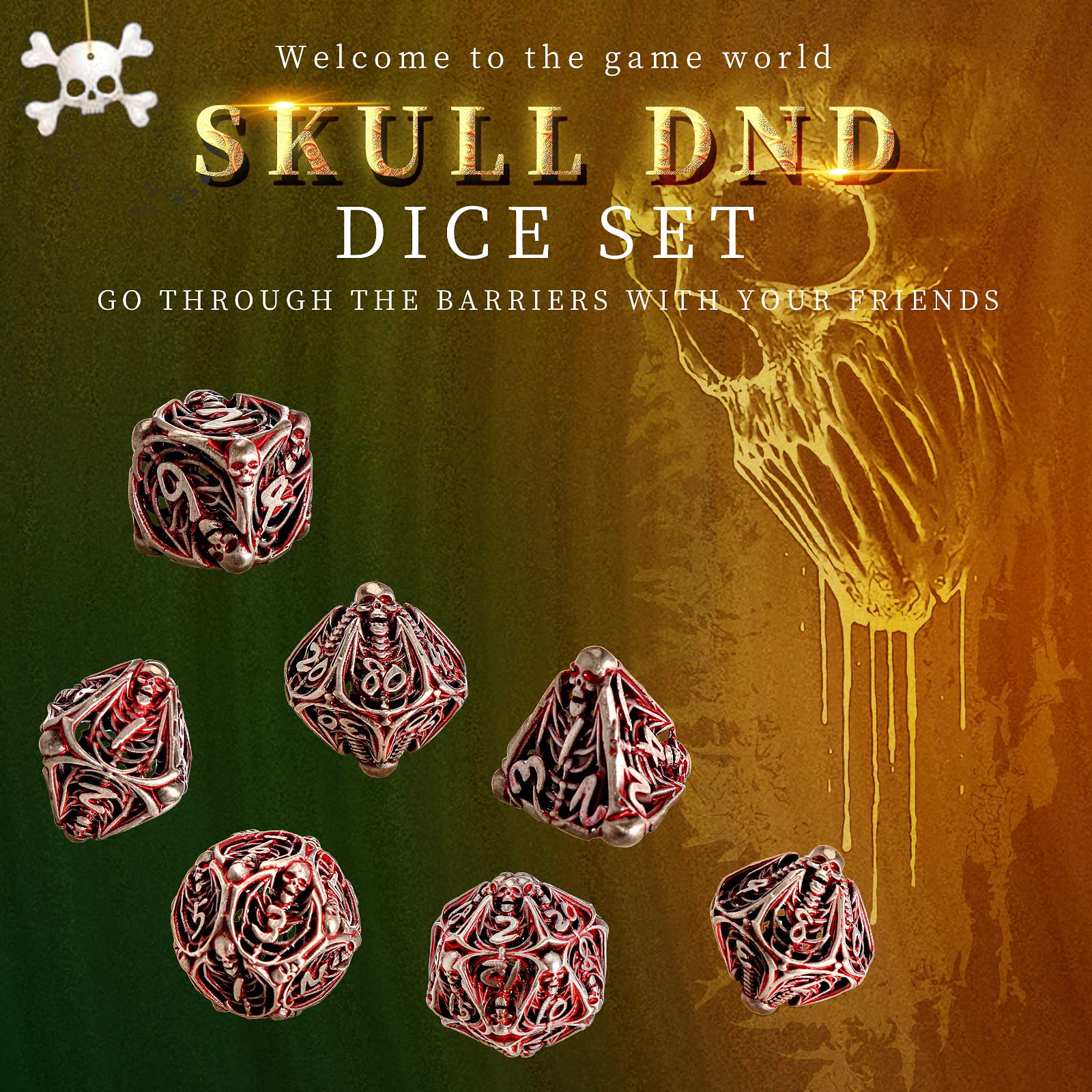 DND Dice Set Polyhedron Dice Skull Hollow Metal Dice for Dungeons and Dragons Role Playing Games PCCECQEE Dice 7PCS D&D Set Collection Gifts (Red)
