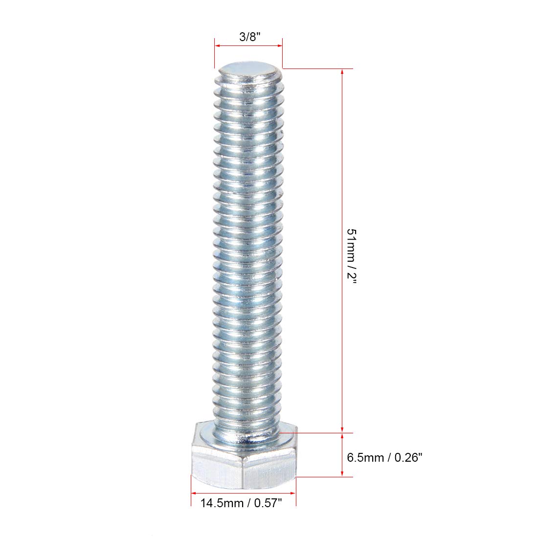 uxcell Hex Head Screw Bolts Carbon Steel 3/8"-16x2" Fastener Grade 5 UNC 5pcs