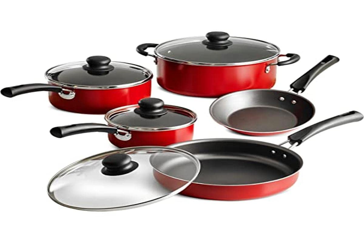 9-Piece Red Simple Cooking Nonstick Stay-Cool Handles Riveted Heat- And Shatter-Resistant Tempered Glass Lids Dishwasher-Safe Cookware Set