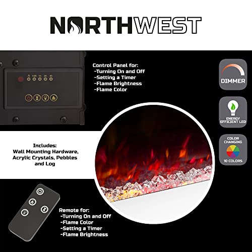 36-Inch Wall Mounted Electric Fireplace - 10-Color LED Flame and 3 Media Backgrounds with Adjustable Brightness and Remote by Northwest (White)
