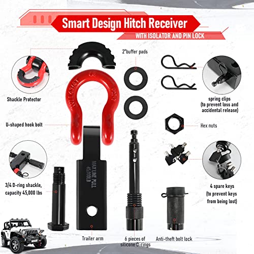 AMBULL Shackle Hitch Receiver & Towing Hitch Lock, with 3/4 Inch D-Ring Shackle, 2 Insurance Pins, Weatherproof Anti-Theft Lockable Heavy Duty Solid Recovery Kit - Red