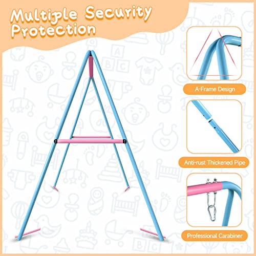 Kiriner Swing Set Outdoor Swings for Kids Toddlers with Waterproof Metal A-Frame, 4 Anchors, Two Swing Seats Swing Sets for Backyard Playground Pink&Blue