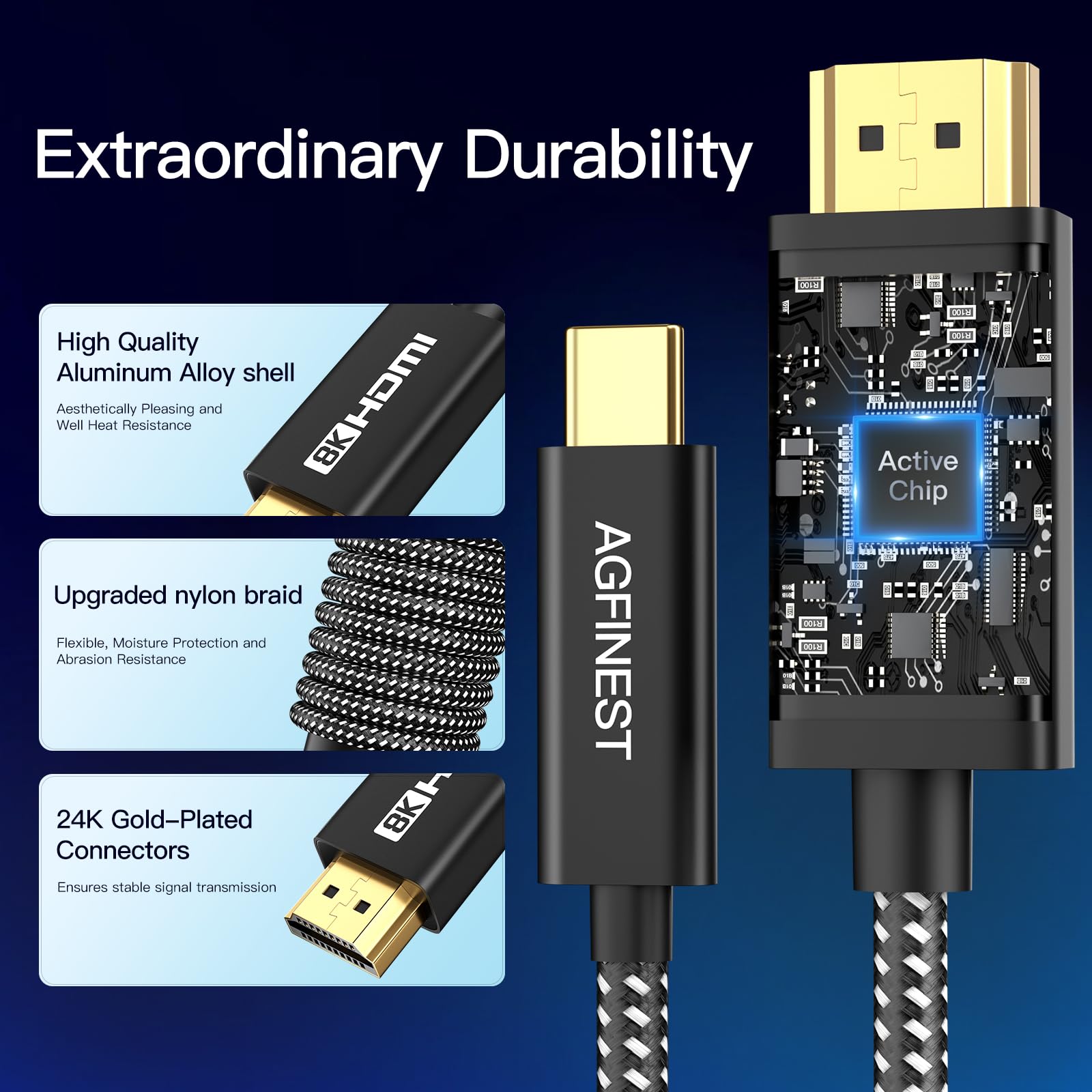 AGFINEST 8K USB-C to HDMI 2.1 Cable Nylon Braided (6.6ft), 48Gbps USB C to HDMI Adapter Compatible with Thunderbolt 3 for MacBook, iPad Pro, Monitor, UHD TV, Projector and More