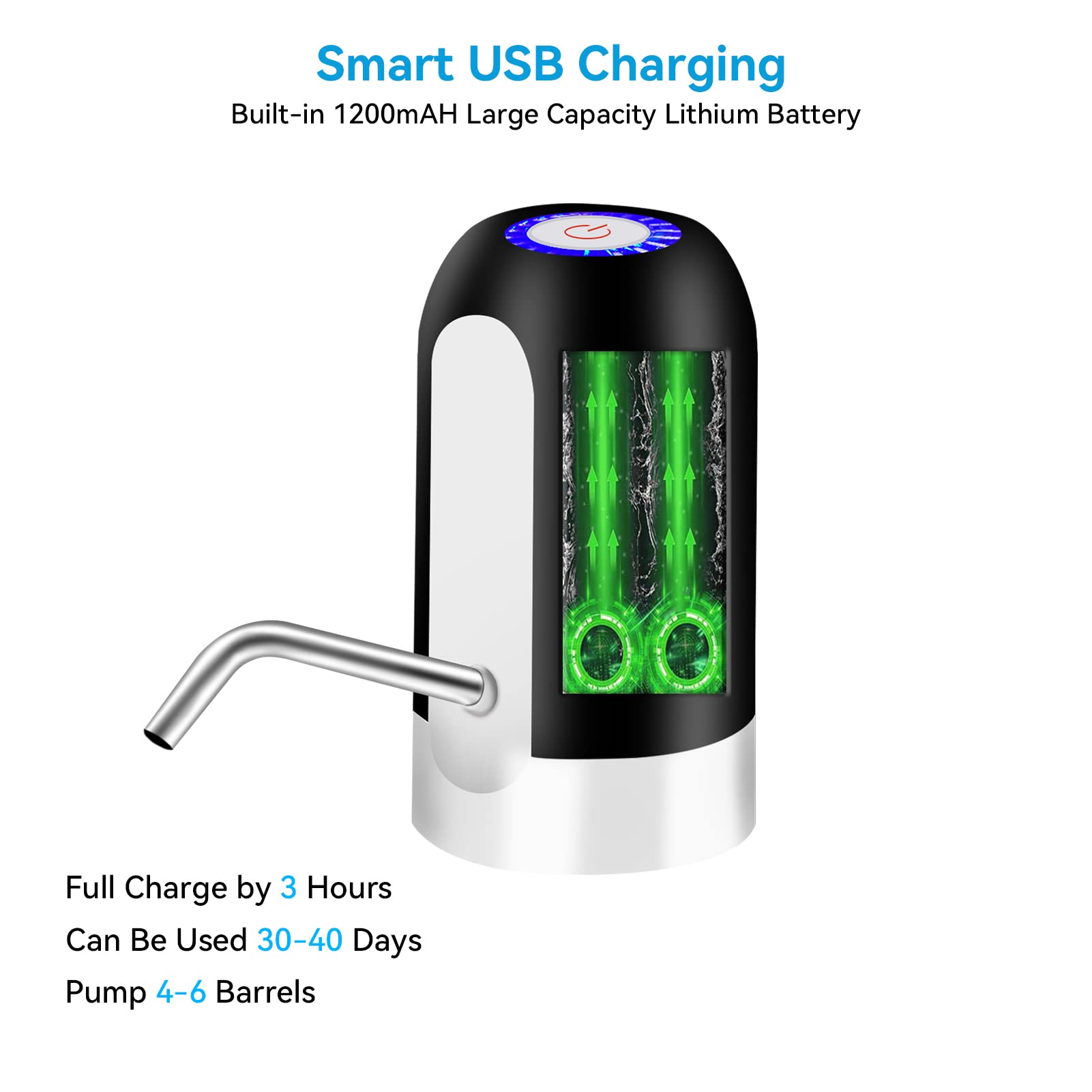 Ausxaron Water Bottle Dispenser, Water Pump Dispenser, Portable Electric Water Jug Pump USB Charging Automatic Drinking Water Pump 1200mAh for Home, Camping Office, Universal 2-5 Gallon - Black